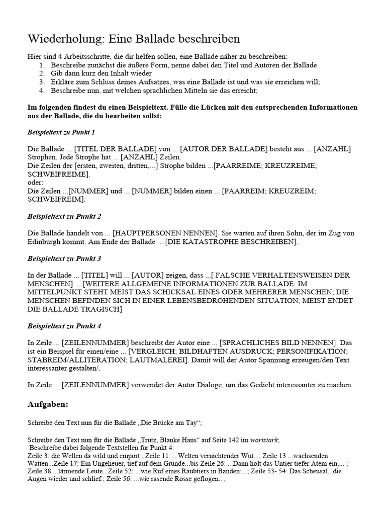 Balladen - Arbeitsblaetter Fuer Die 7 - Klasse | PDF