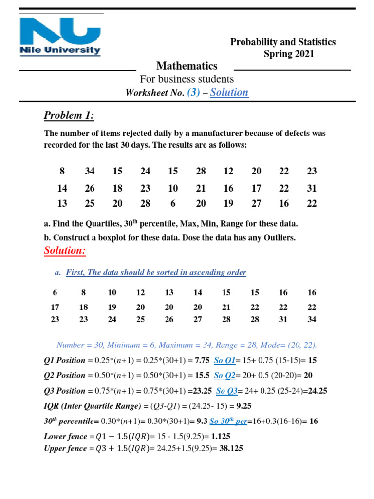 Worksheet # 3 - Solution | PDF | Descriptive Statistics | Statistics
