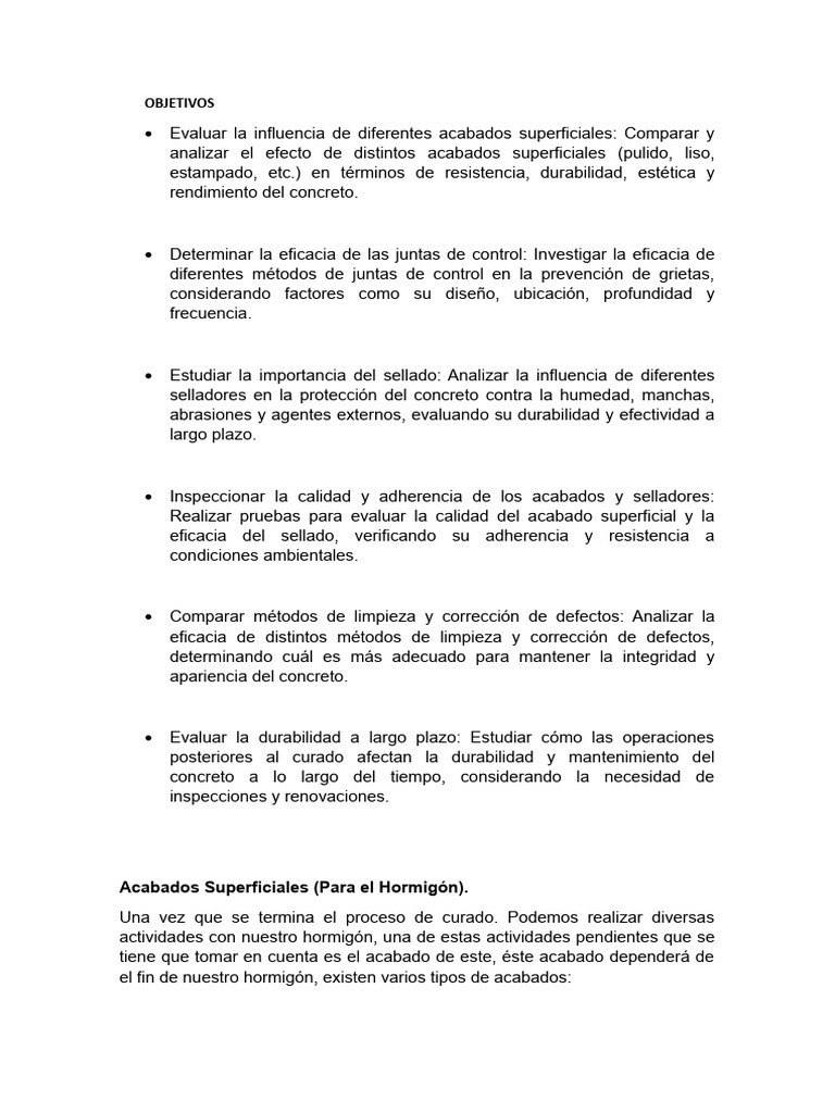 Acabados Hormigón y Objetivos | PDF | Hormigón | Materiales