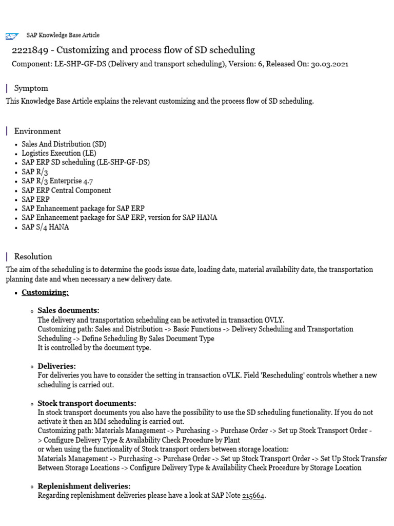 SD Scheduling Customization Guide | PDF | Delivery (Commerce) | Transport