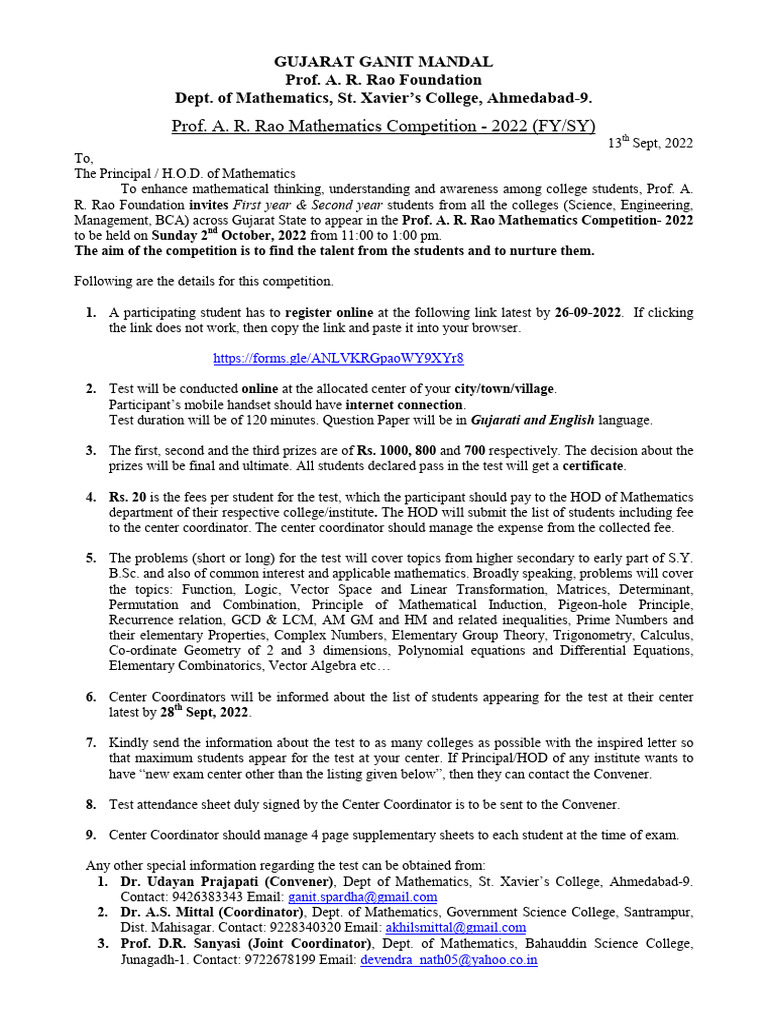 Notification - Prof AR Rao MathematicsComp-2022 - FYSY-1 | PDF ...