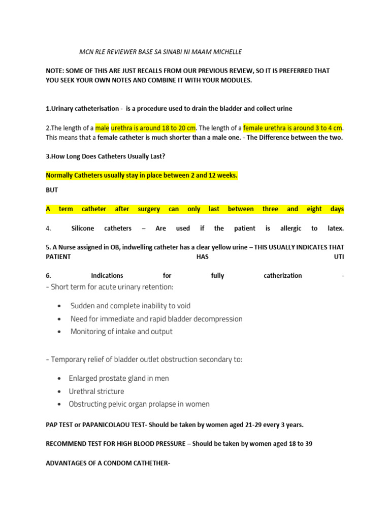 MCN Rle Reviewer Base Sa Sinabi Ni Maam Michellenote Some of | PDF | Urinary Incontinence | Urology