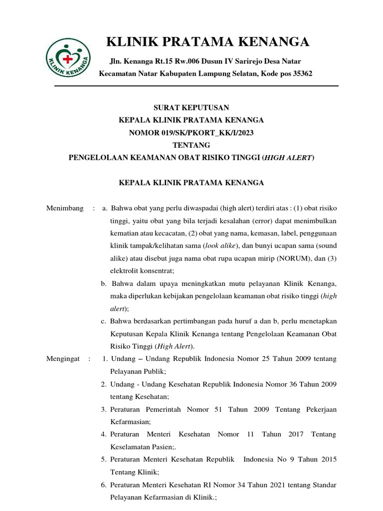SK Pengelolaan Keamanan Obat Risiko Tinggi (High Alert) | PDF