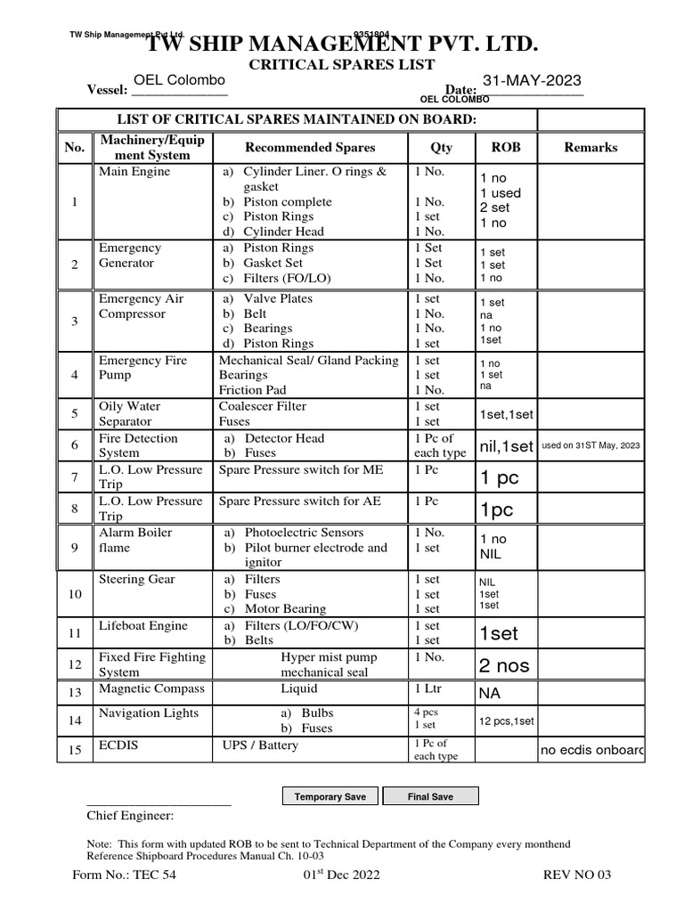 TEC-54 Critical Spares List M - Rev 3 | PDF | Piston | Bearing (Mechanical)