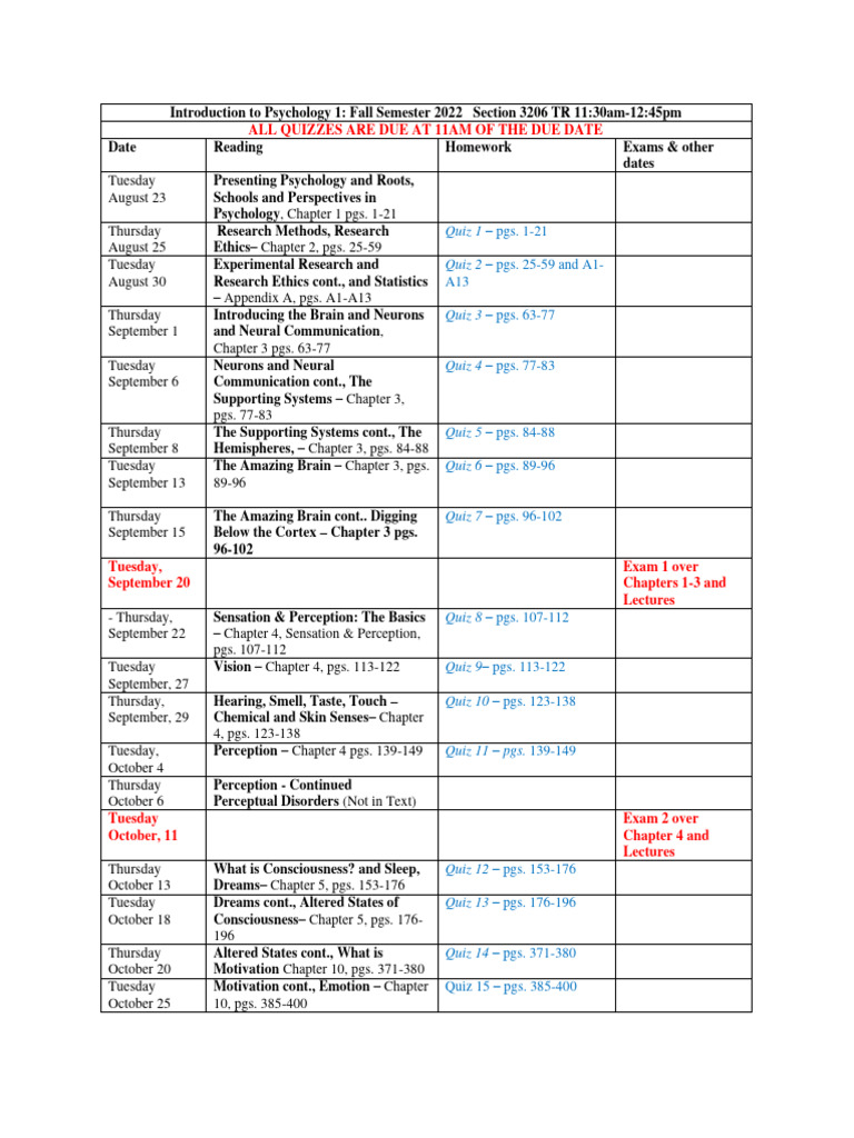 P101 Calendar FA 2022 Section 3206 | PDF | Perception | Senses