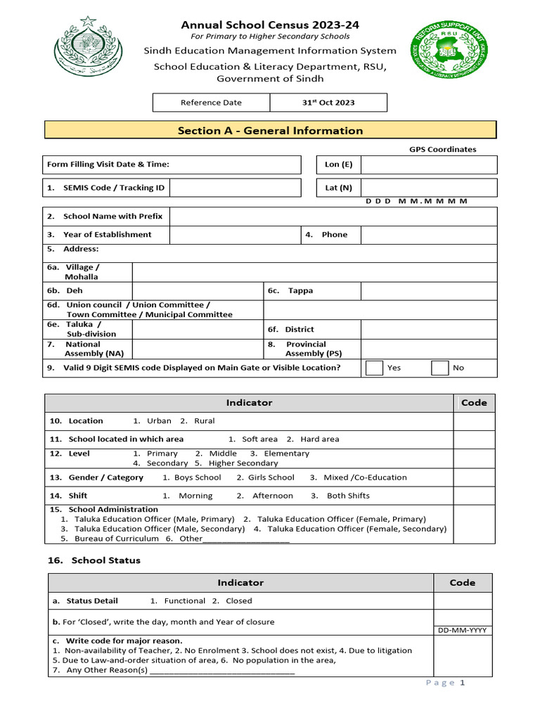 Proforma For Annual Schools Census 2023-24v7 | PDF