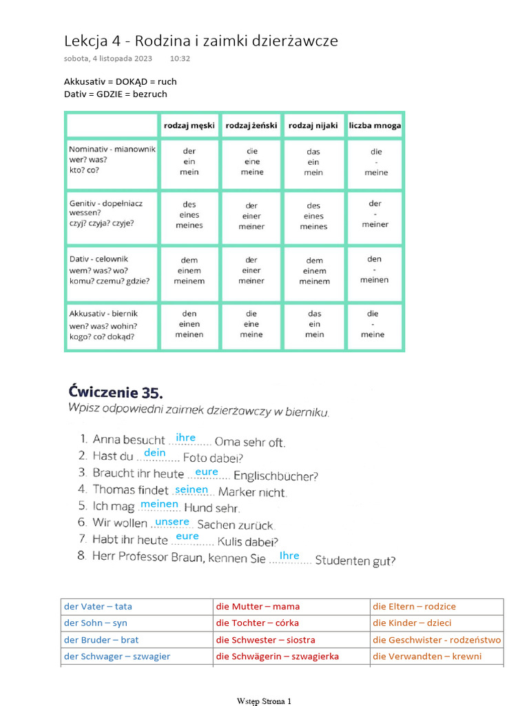 Niemiecki - Rodzina I Zaimki Dzierżawcze | PDF