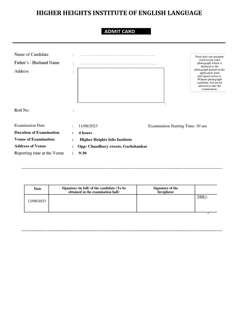 IELTS Admit Card Instructions | PDF