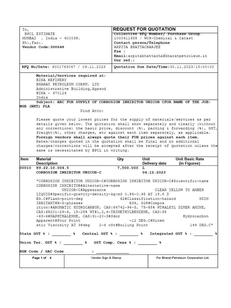 For Bharat Petroleum Corporation Ltd. Vendor Sign & Stamp Page 1 of 4 ...