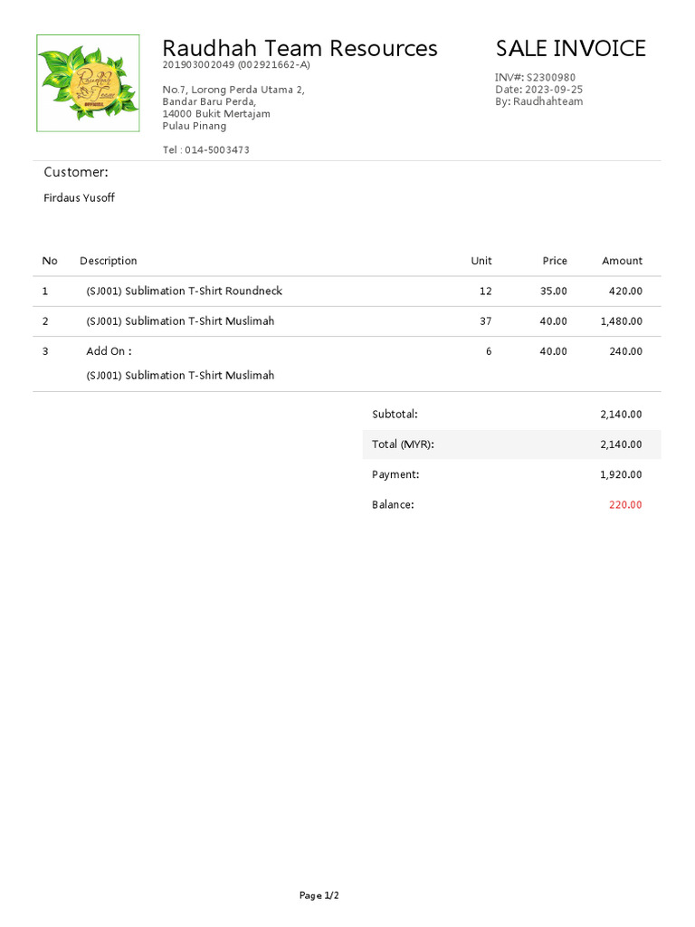 Raudhah Team Resources: Sale Invoice | PDF | Banking | Financial Services