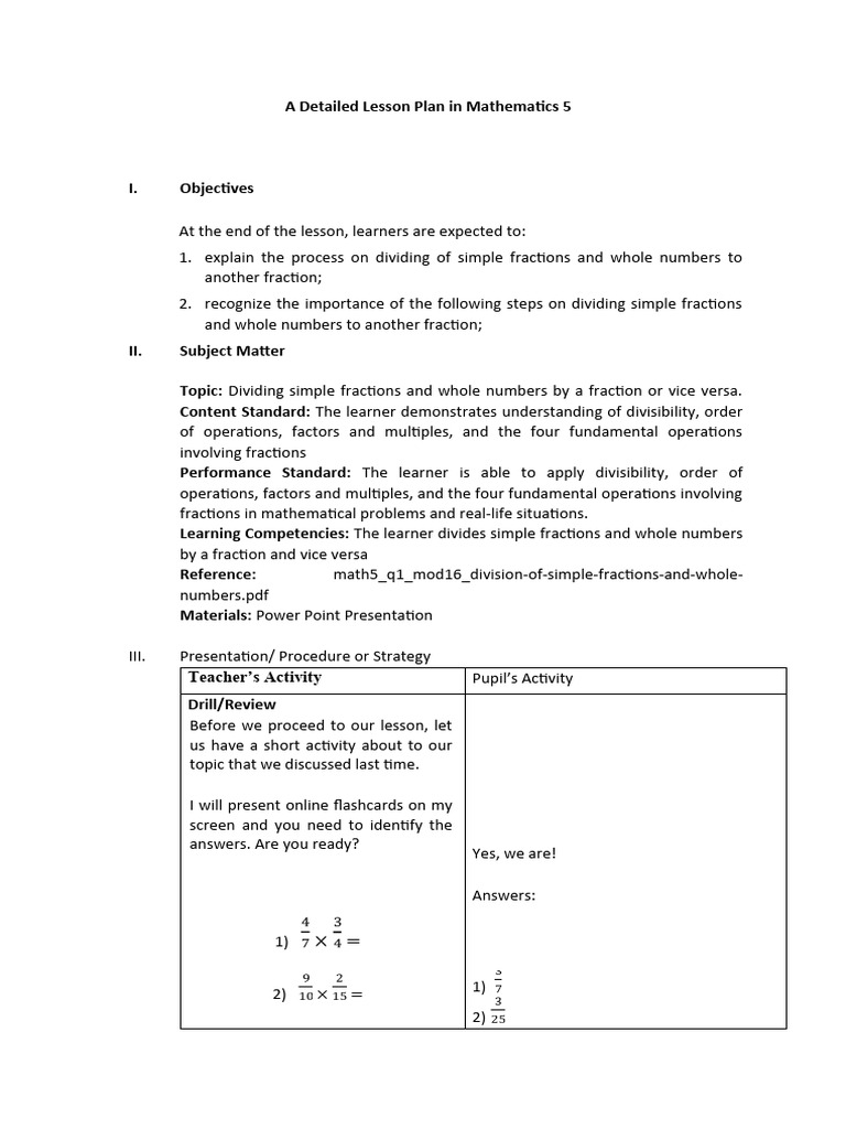A Detailed Lesson Plan in Mathematics 5 | PDF | Learning | Lesson Plan