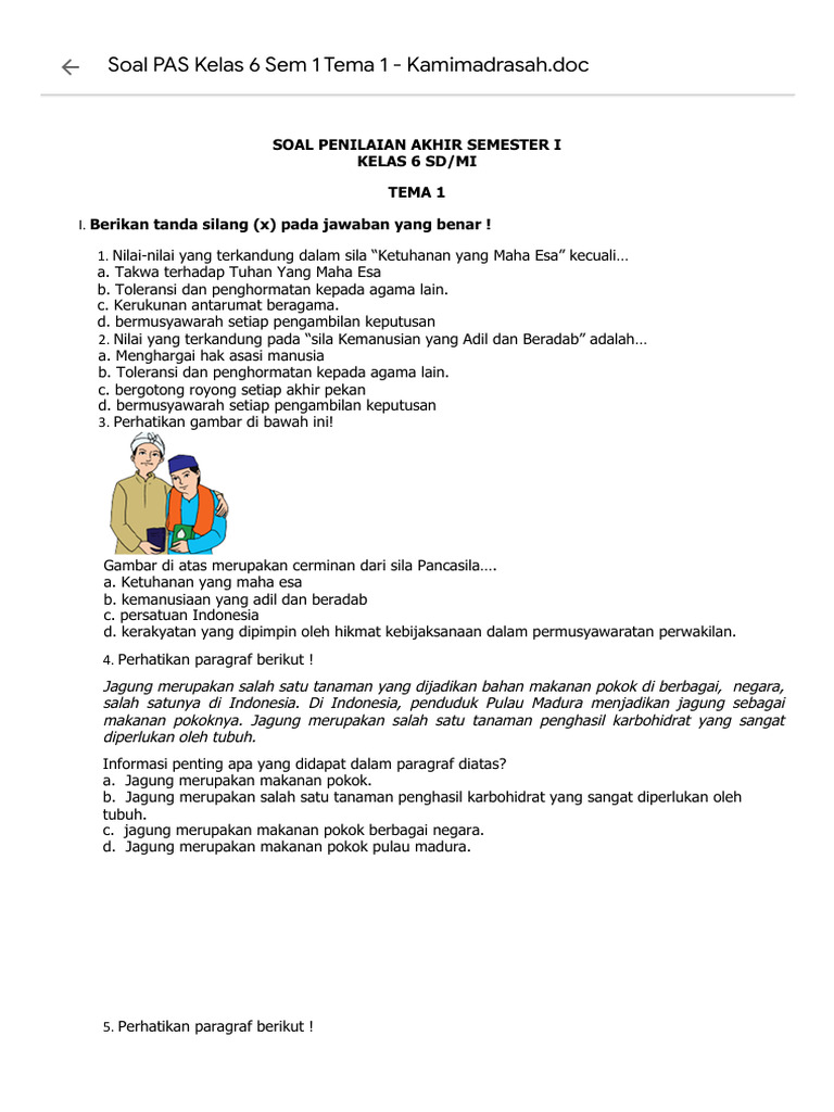 Soal PAS Kelas 6 Sem 1 Tema 1 - Kamimadrasah | PDF