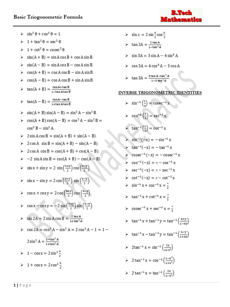 Basic Trigonometric Formulas PDF | PDF | Trigonometric Functions | Rotation