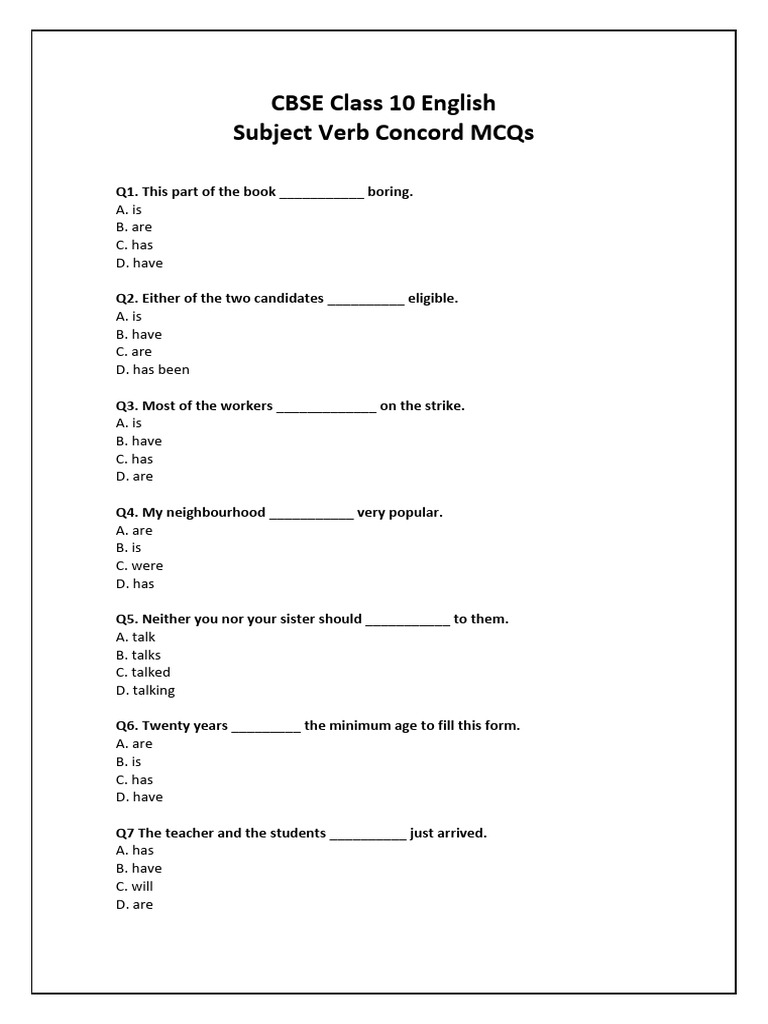Class 10 Subject-Verb Concord MCQs | PDF