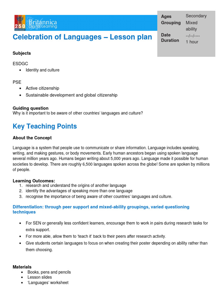 (EN) Celebration of Languages Lesson Plan | PDF | Learning | Lesson Plan