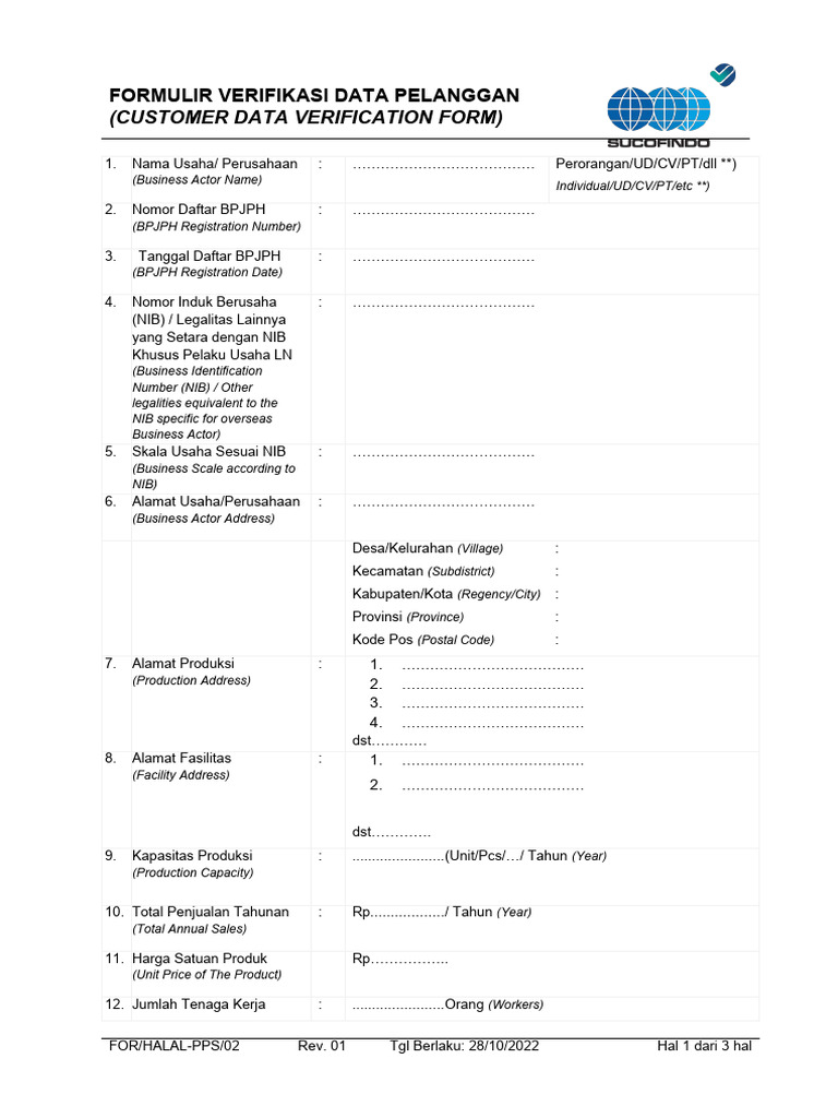 FOR-HALAL-PPS-02 Formulir Verifikasi Data Pelanggan Halal | PDF
