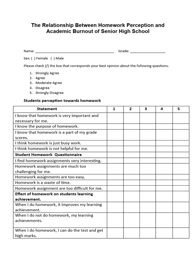 Survey Questionnaire | PDF | Homework | Questionnaire