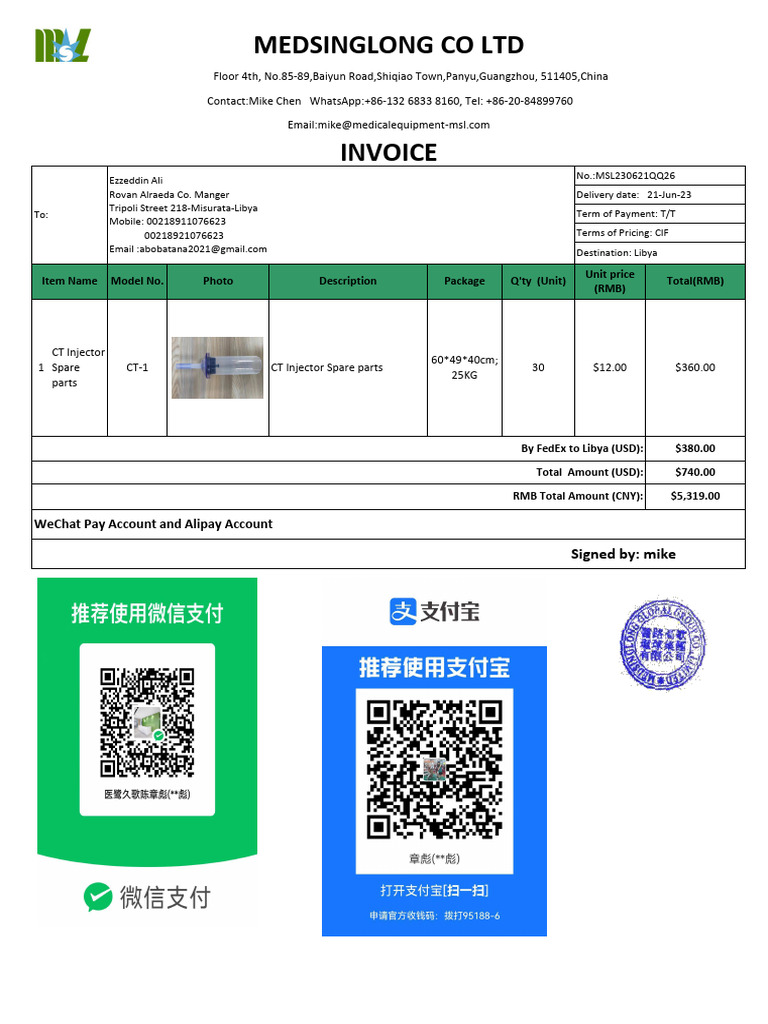 2023-6-21 CT Injector Spare Parts Invoice For Ezzeddin Ali | PDF