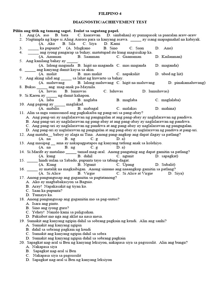 Pre-Test - Filipino 4 | PDF