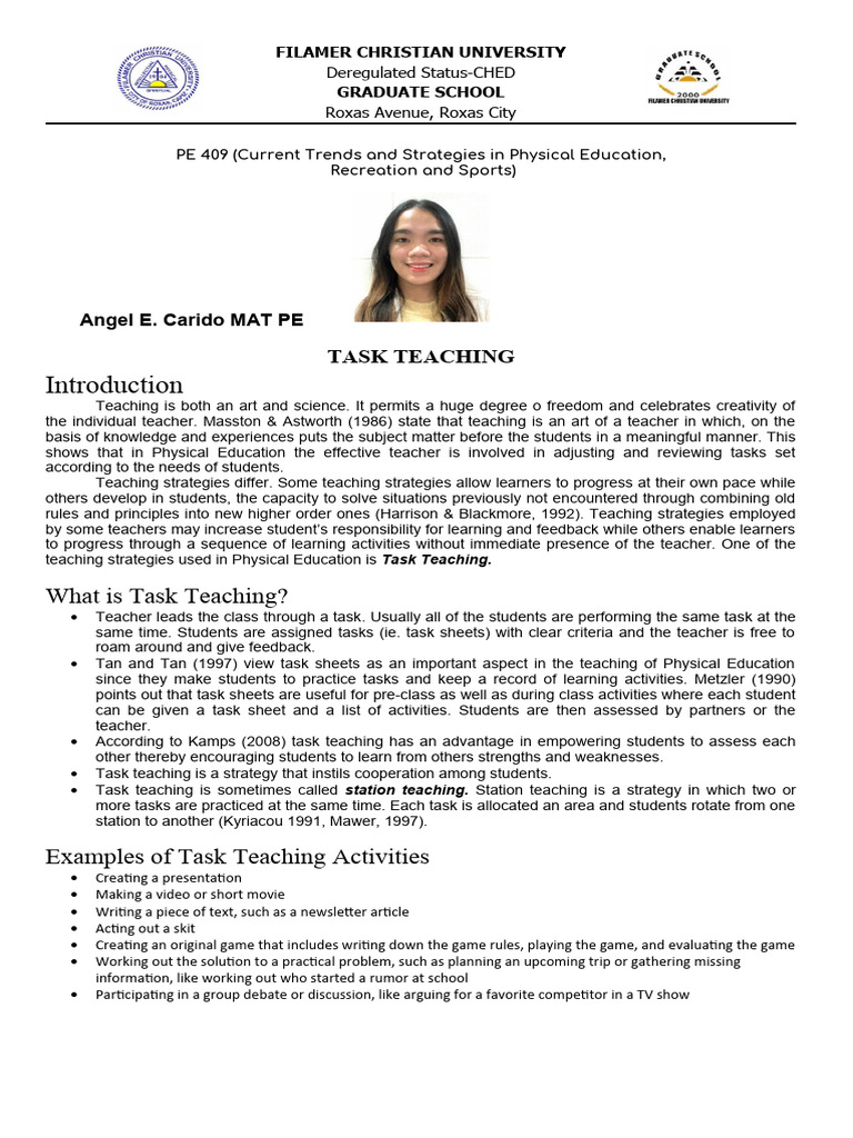 Task Teaching CaridoA.E PE409 | PDF | Teachers | Learning