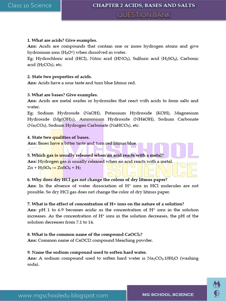 10TH Sci CHP 2 Qusn Bank - MGSS | PDF | Acid | Hydroxide