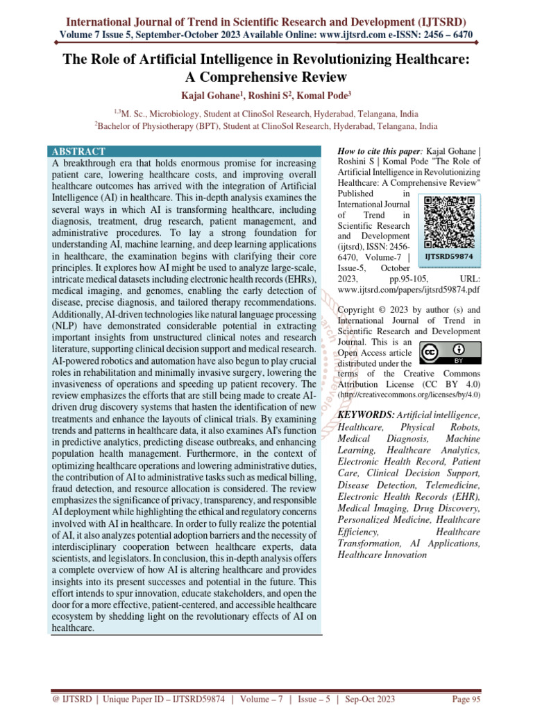 The Role of Artificial Intelligence in Revolutionizing Healthcare A Comprehensive Review | PDF ...