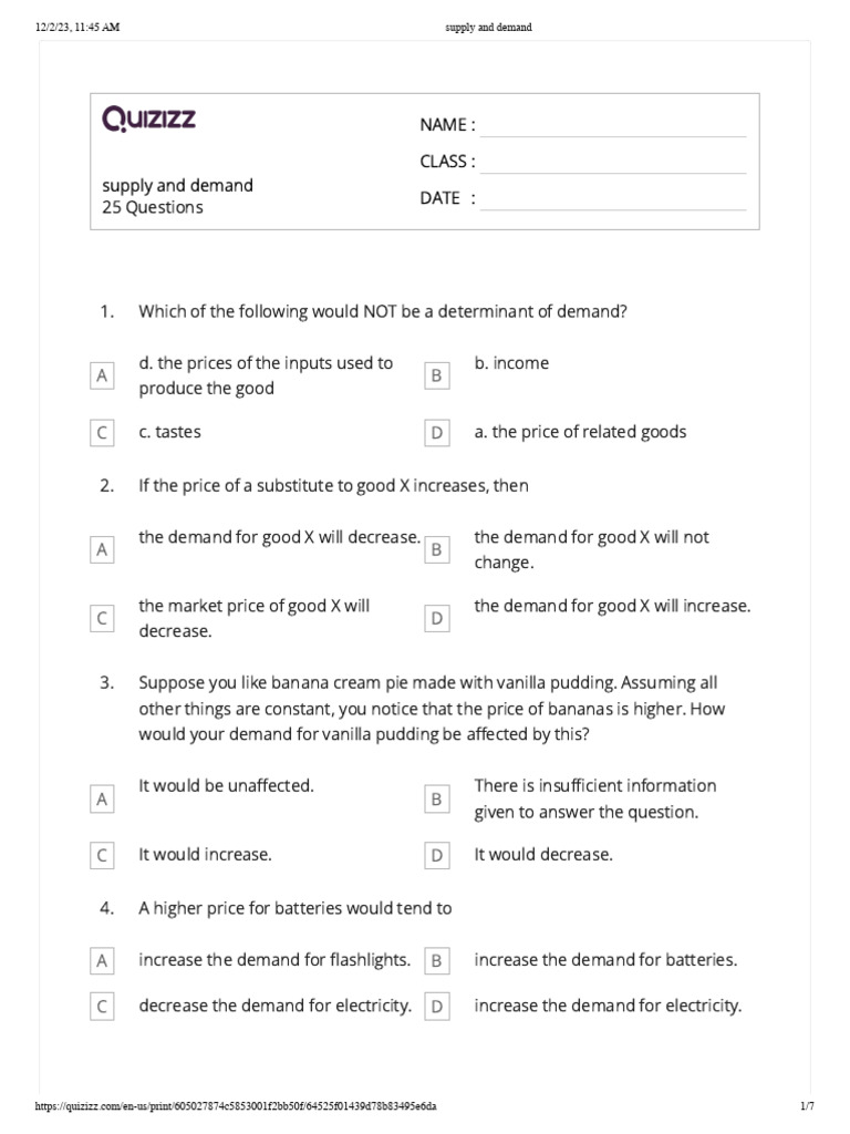 Supply and Demand Quiz Questions | PDF | Supply And Demand | Supply ...