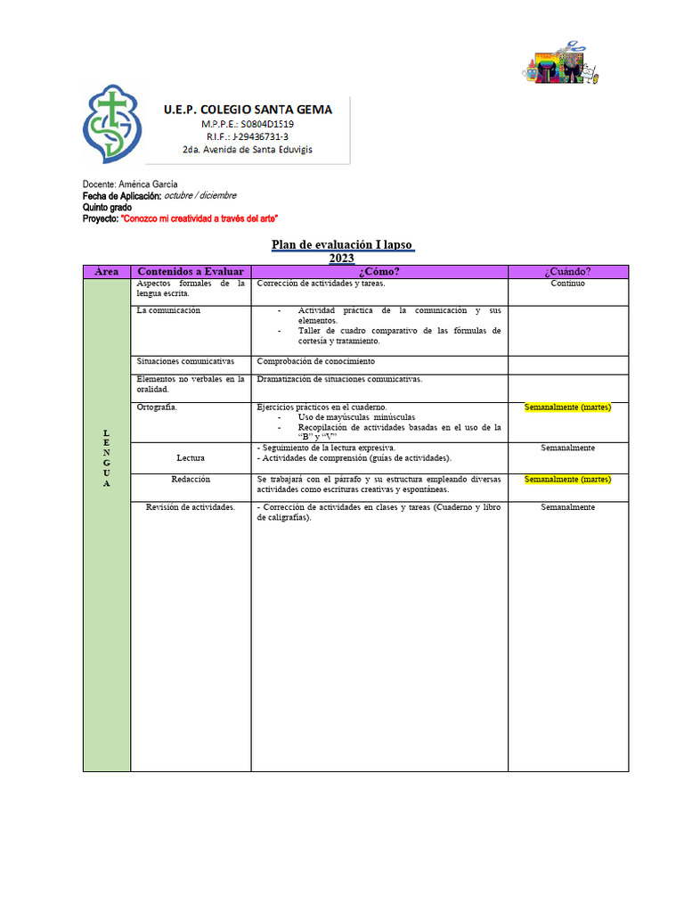 Plan de Evaluacion 6to Grado 1er Lapso 2023 | PDF | Evaluación