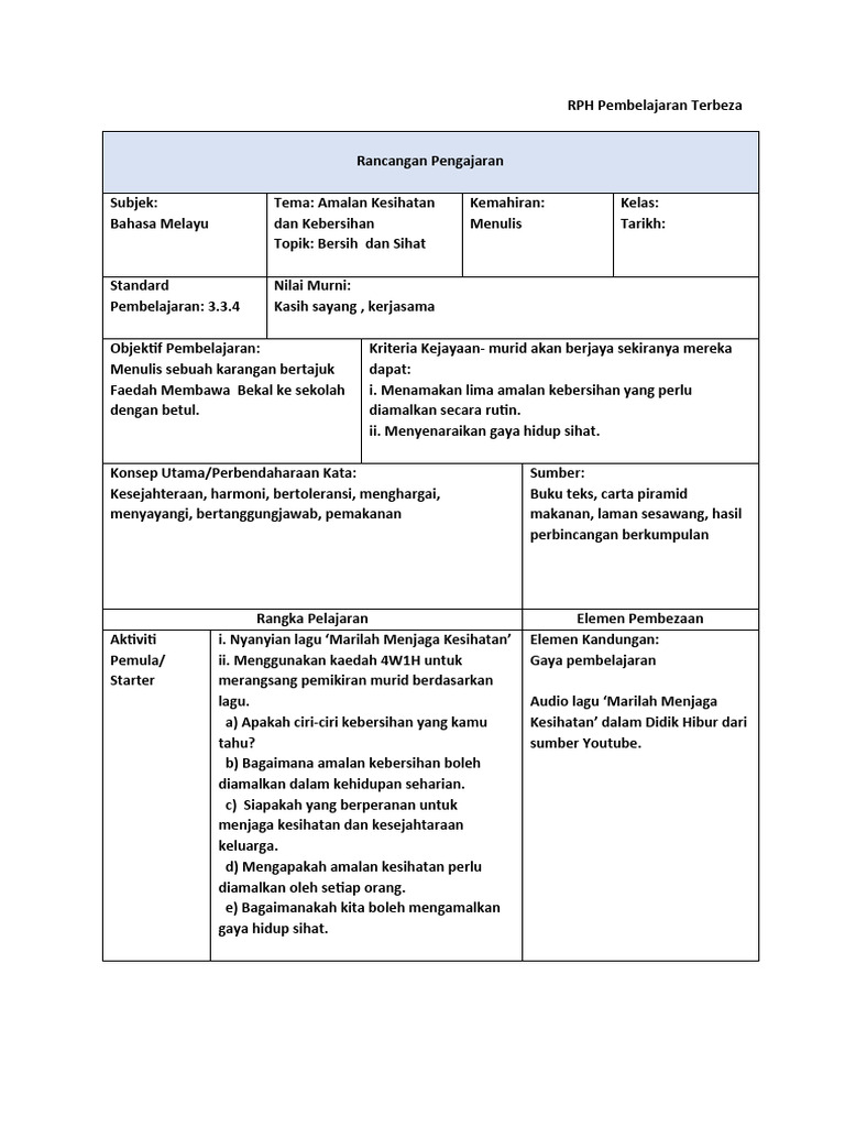 RPH Pembelajaran Terbeza BM SM | PDF | Kesehatan Holistik