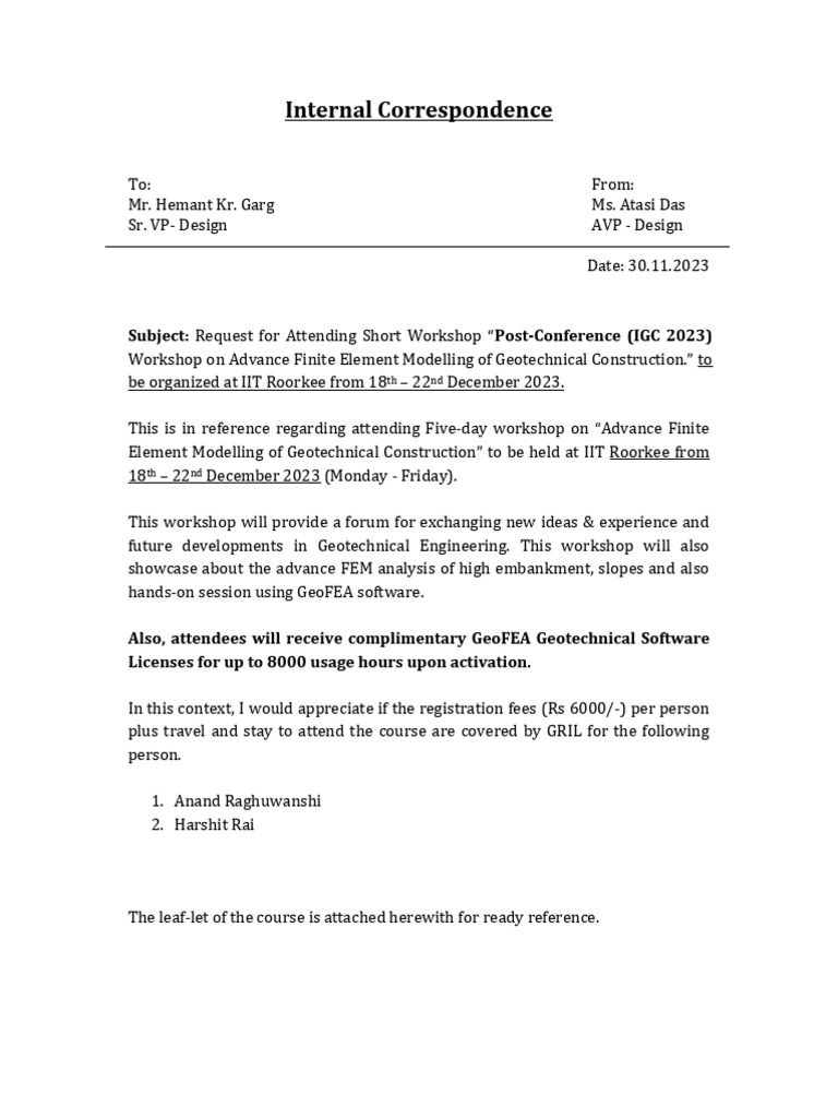 Internal Correspondence: Subject: Request For Attending Short Workshop ...