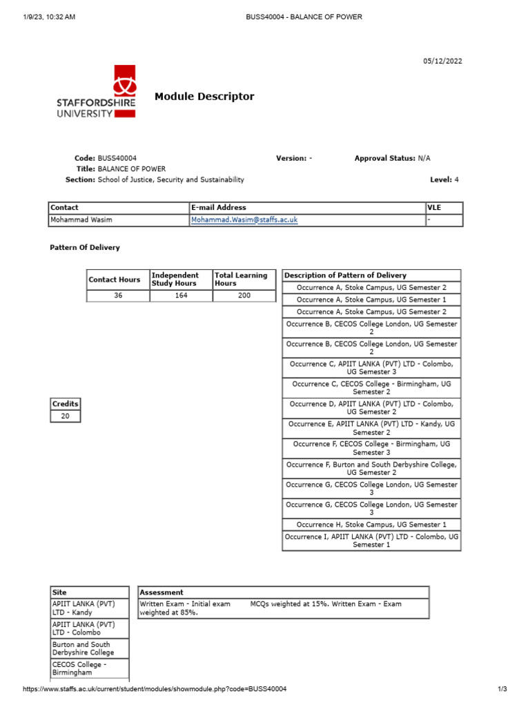 CECOS College: Balance of Power Module | PDF | Lecture | Multiple Choice