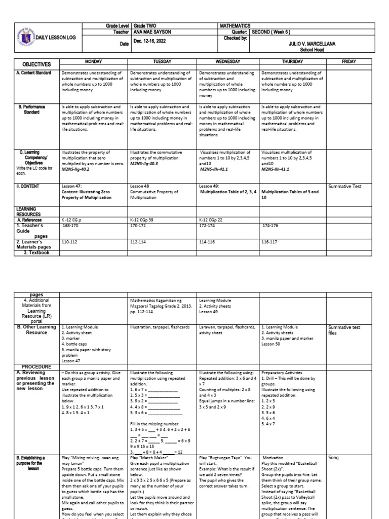 Grade 2 Math Lesson Plan: Week 6 | PDF | Multiplication | Mathematics