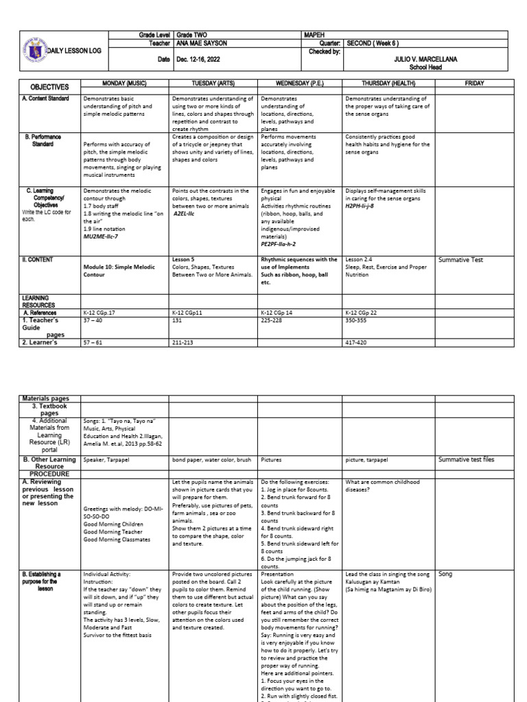 Mapeh 2 DLL Quarter 2 Week 6 | PDF