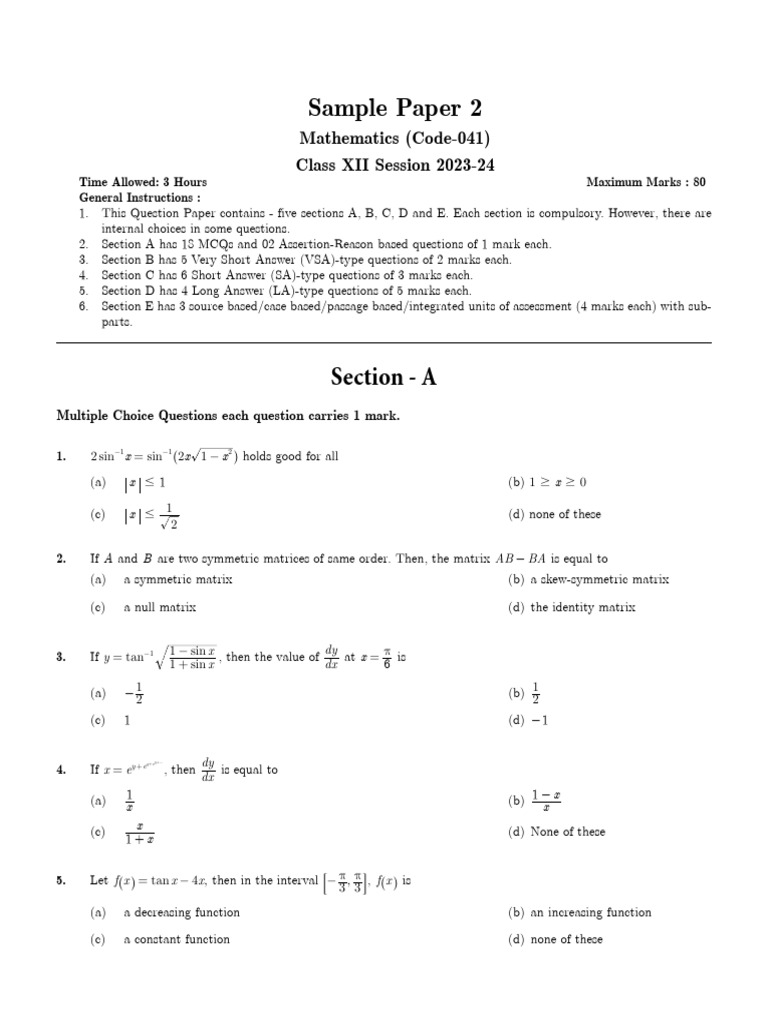 CBSE Class 12 Mathematics Sample Paper 2 | PDF | Geometry ...