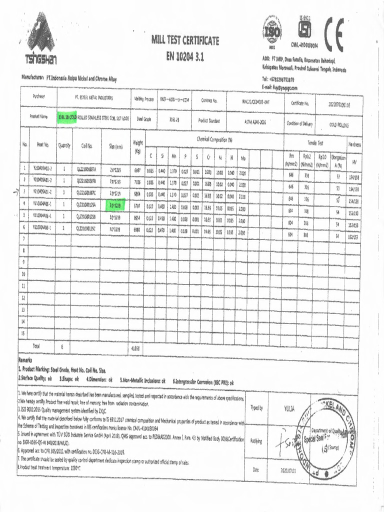 Scan - Mill Test Sertifikat | PDF