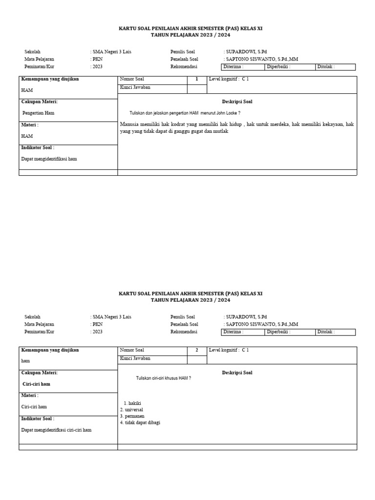 Kartu Soal PKN Pas Kelas Xi 2023 | PDF