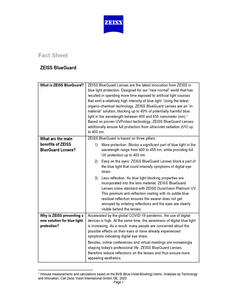 Zeiss Factsheet Blueguard en | PDF | Light | Ultraviolet