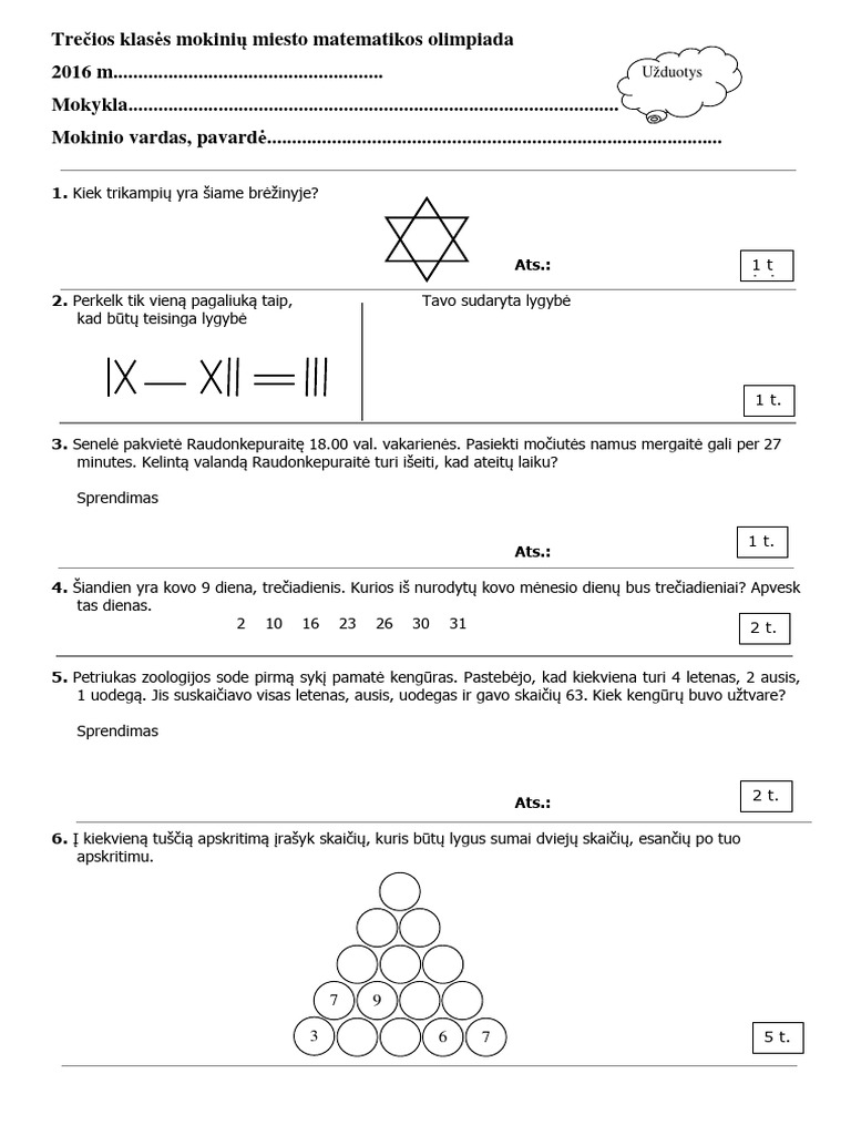 Matematikos Olimpiada 3 Kl. 2016 Užduotys-1 | PDF