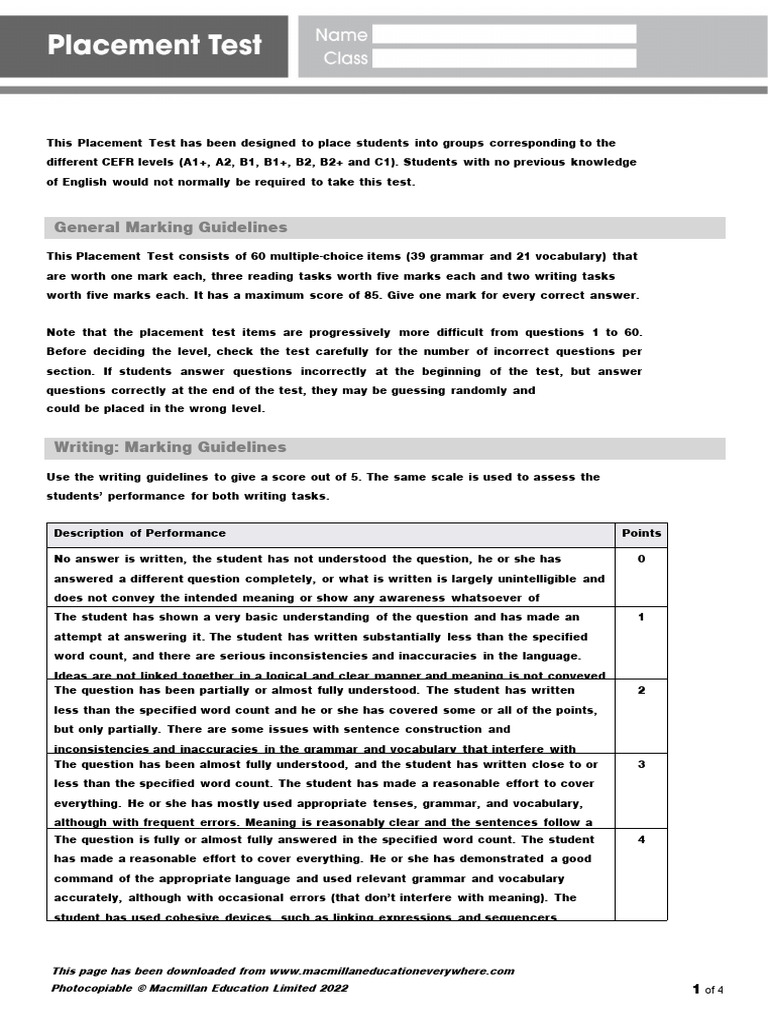 Placement Test Teacher's Guide Answer Key | PDF | Verb | Languages
