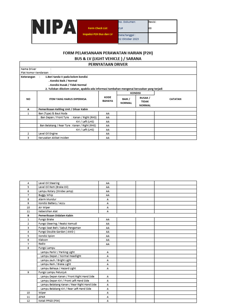 FORM PELAKSANAAN PERAWATAN HARIAN LV Dan BUS | PDF