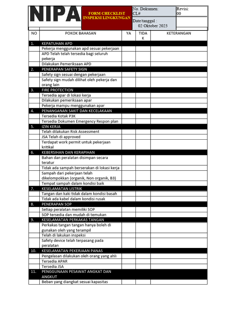fORM INSPEKSI LINGKUNGAN | PDF