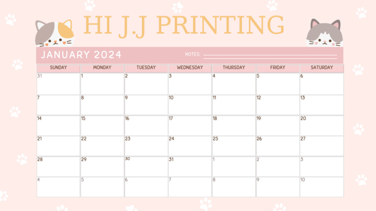 Pink and White Cute Playful January 2024 Calendar | PDF