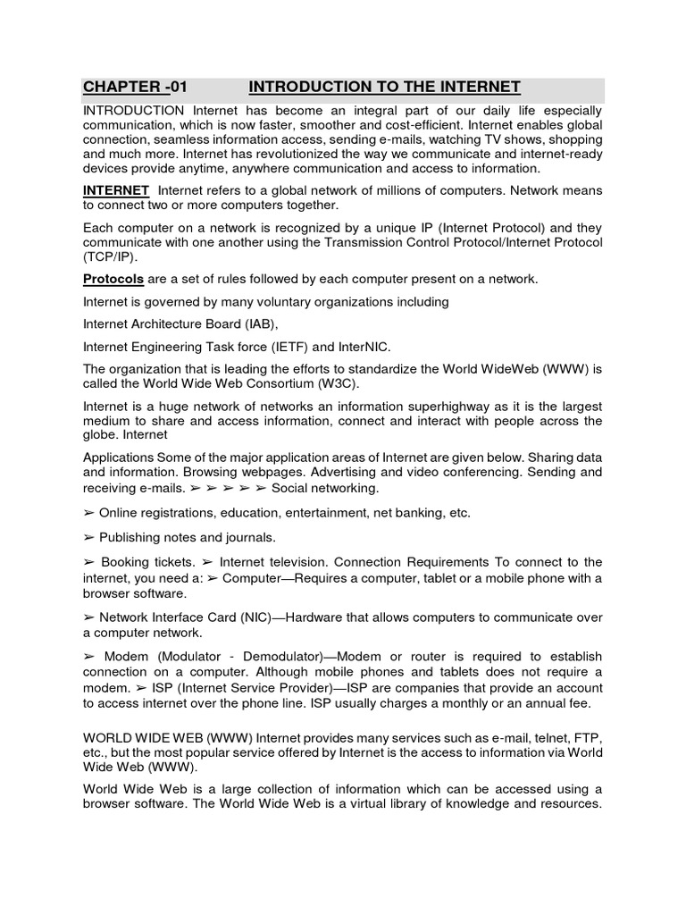 Chapter - 01 Introduction To The Internet | PDF | World Wide Web | Internet & Web