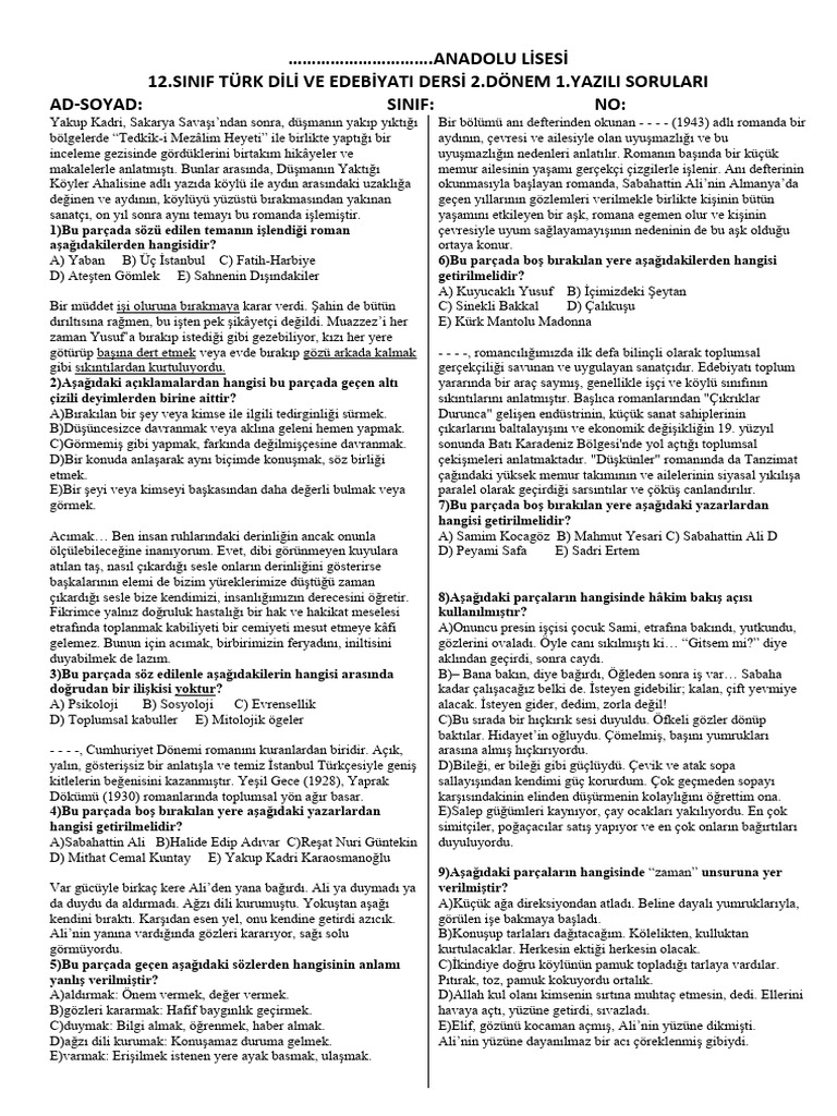 12.sinif Turk Dili Ve Edebiyati Dersi 2.donem 1.yazili Sorulari Ve ... 12.sinif Turk Dili Ve Edebiyati Dersi 2.donem 1.yazili Sorulari Ve ...