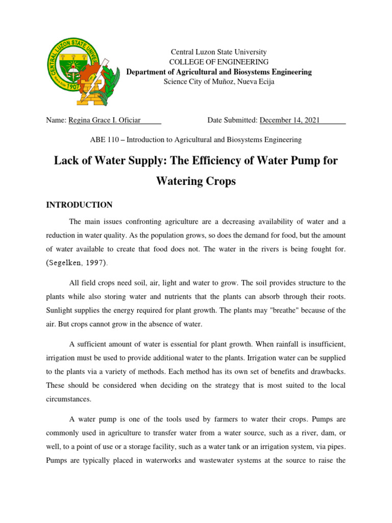 Oficiar, Regina Grace - BSABE 1-3 - ABEN - Research | PDF | Pump | Water Oficiar, Regina Grace - BSABE 1-3 - ABEN - Research | PDF | Pump | Water
