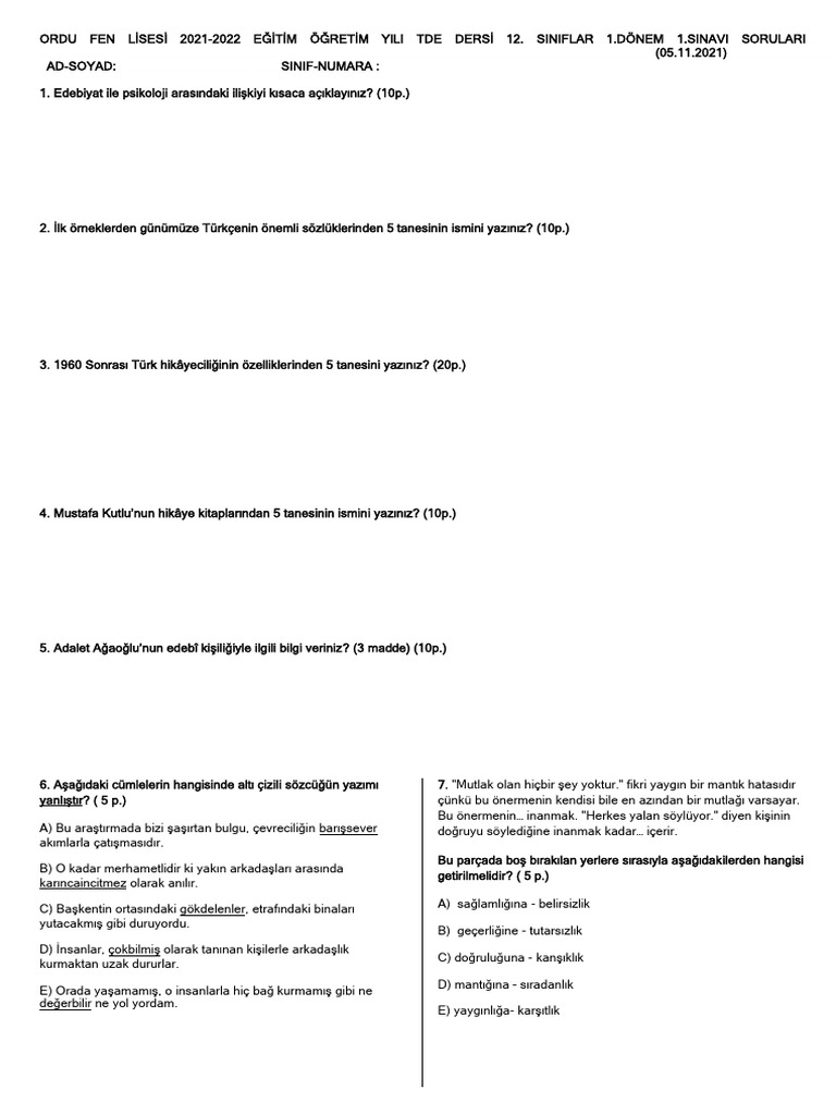 12.sinif Turk Dili Ve Edebiyati 1.donem 1.yazili Sorulari | PDF