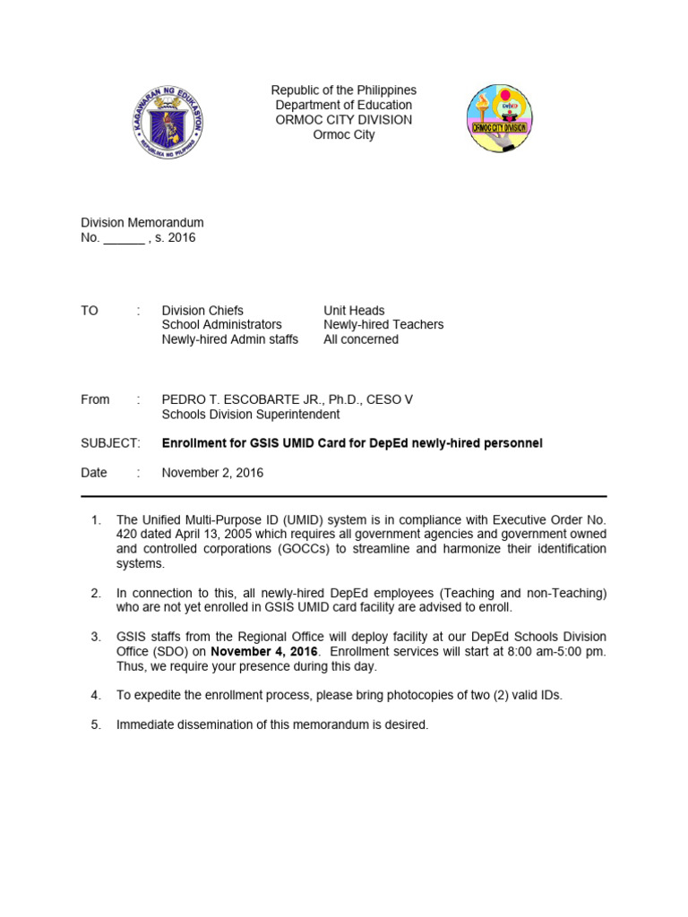 GSIS UMID Memo | PDF | Business