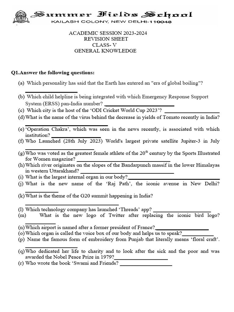 Class V GK Sa1 Revision Sheet 2023-2024 | PDF
