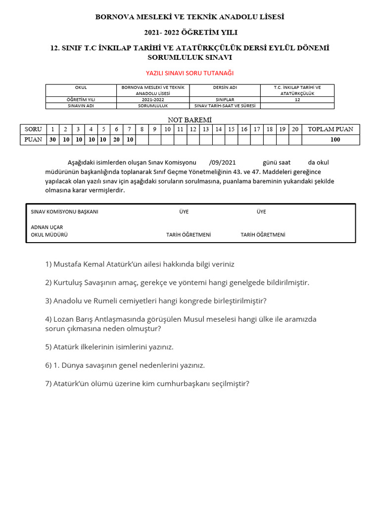 12.sinif Inkilap Tarihi Sorumluluk Sinav Sorulari Ve Cevaplari 2021 2022 | PDF
