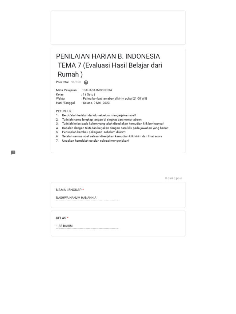 Penilaian Harian Bahasa Indonesia Kelas 1 | PDF